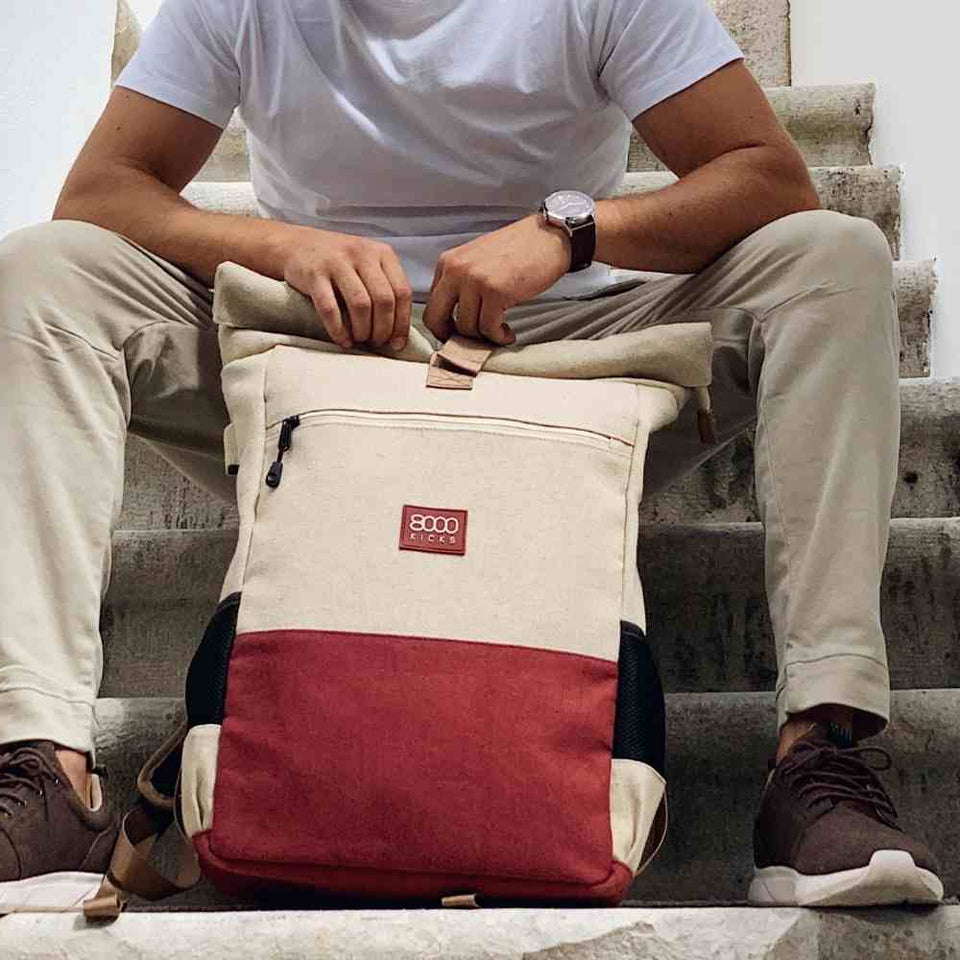 Beige and Red Backpack | 8000Kicks | Hemp and Weatherproof